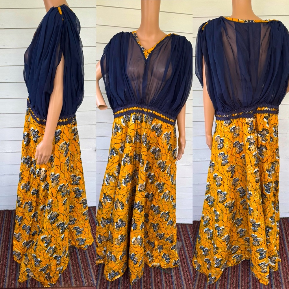 African Maxi Dress Sheer Grecian Blue Rich Yellow Gol… - Gem